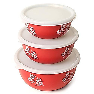 King International Microwave Safe Stainless Steel Red Designer Round Airtight Lid Food Storage Containers Set of 4,Stackable Mixing Bowl with Lid, Tiffin, Lunch Box