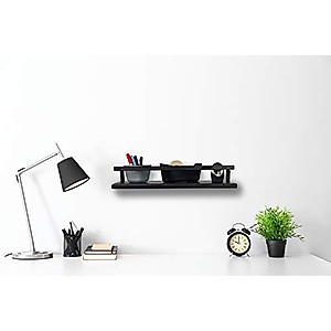 Peter's Goods Modern Floating Shelves with Rail - Wall Mounted Bathroom Wall Shelves with Towel Bar - Also Perfect for Bedroom Decor and Kitchen Storage - Solid Paulownia Wood Shelf Set of 2 (Black)