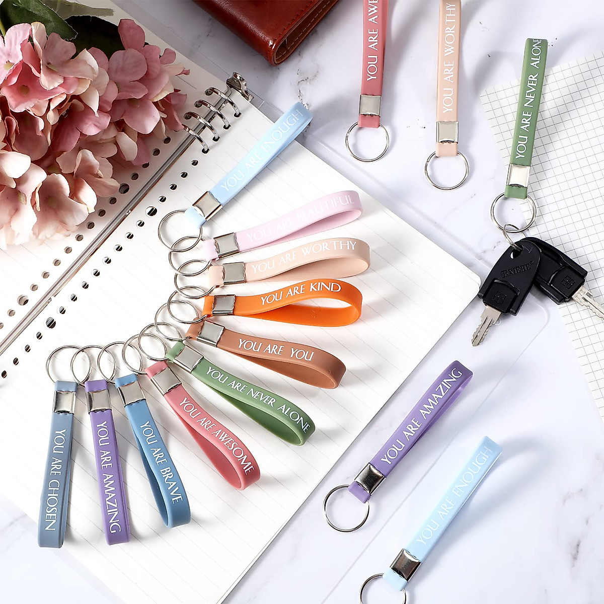 60 pcs Inspirational Quote Key Chains Silicone Motivational Key Chains Employee Appreciation Gifts Teacher Appreciation Gifts (Bright)