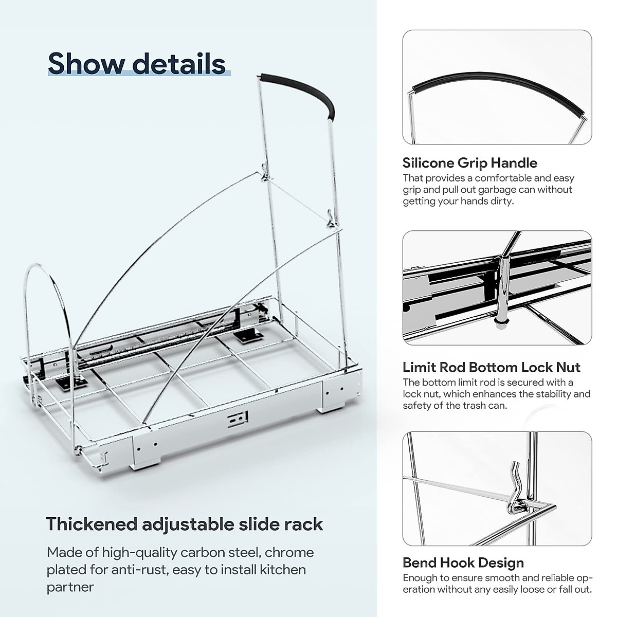 Tanamu Pull Out Trash Can Under Cabinet，Under Sink Slide Out Garbage for Kitchen，Requires 13" W X 18" D Minimum Cabinets，Chrome Adjustable for 7-10 Gallon Trash Can