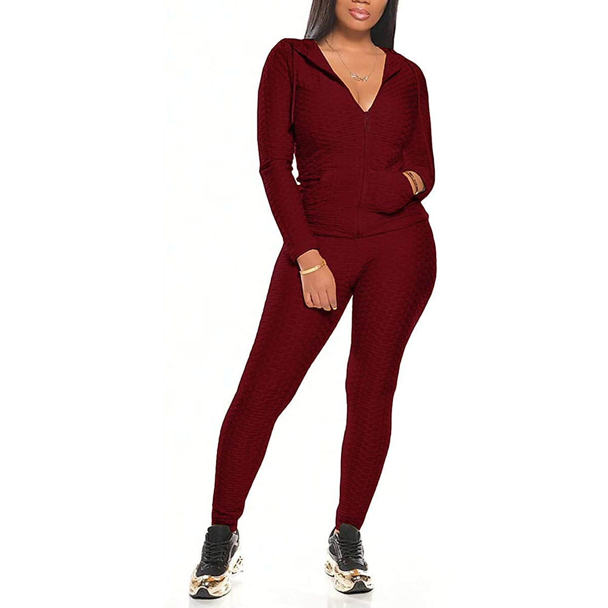 Elosele Womens Tracksuit Workout Outfits Sweatsuit - Long Sleeve Zip Up Hooded Jacket High Waist Textured Leggings Yoga Activewear Set Wine Red M