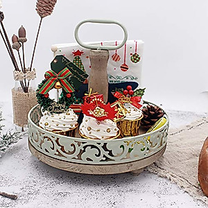 Funly mee Rustic Metal and Wood Single Tier Tray with Handle Farmhouse Decorative Tray(10.2W×10.2D×10.2H) in