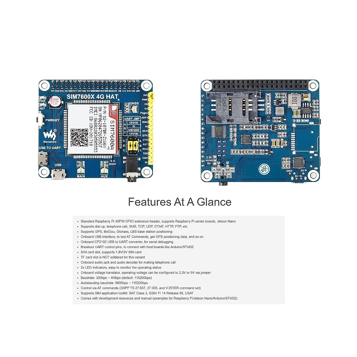 4G / 3G / GNSS HAT Module for Raspberry Pi Zero/Zero W/Zero WH/2B/3B/3B+/4B/Jetson Nano, Based on SIM7600A-H , 4G Communication and GNSS Positioning Module Support LTE CAT4 up to 150Mbps
