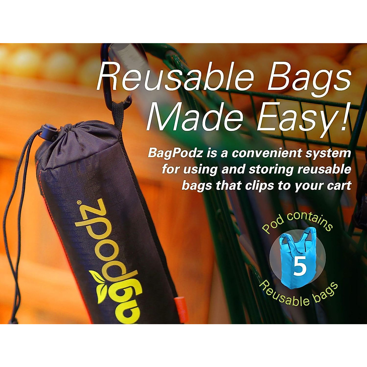 BagPodz Reusable Shopping Bags Inside a Compact Pod with Carry Clip RipStop Nylon Holds 50lbs Very Sturdy, 5 Pack in Blue