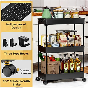 SPACELEAD 3 Tier Rolling Cart with Wheels, Storage Craft Art Cart Trolley Organizer Serving Cart, 3 Hanging Baskets Easy Assembly, for Office, Living Room, Kitchen, Black