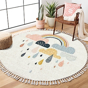 DNEWYNPABV Round Boho Rug Sky with Clouds rain Drops and Rainbows Cute Doodle Decorative Area Linen Carpet Patio Hallway Runner Mat Pad Minimalist Home Decor for Living Room Outdoor, Multi, 4 ft