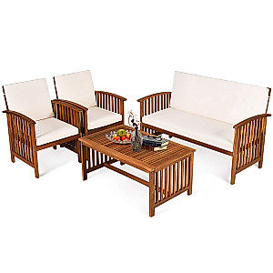 Tangkula Outdoor 4 Pcs Acacia Wood Sofa Set w/Water Resistant Cushions, Padded Patio Seating Chat Set w/Coffee Table for Garden, Backyard, Poolside (1, White)