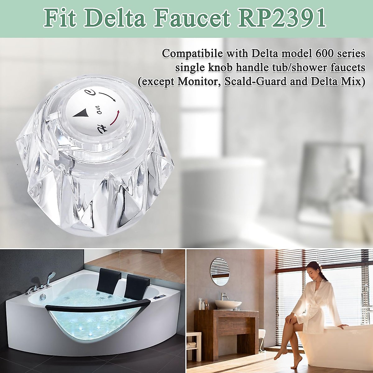ZephyrJazz Faucet Handle Compatible with Delta Faucet RP2391, Single Clear Knob Handle Kit with Offset Hole for Shower/Tub, 2-1/2" x 2-1/8" Faucet Knob Replacement, Clear Acrylic Finish (1 Pack)