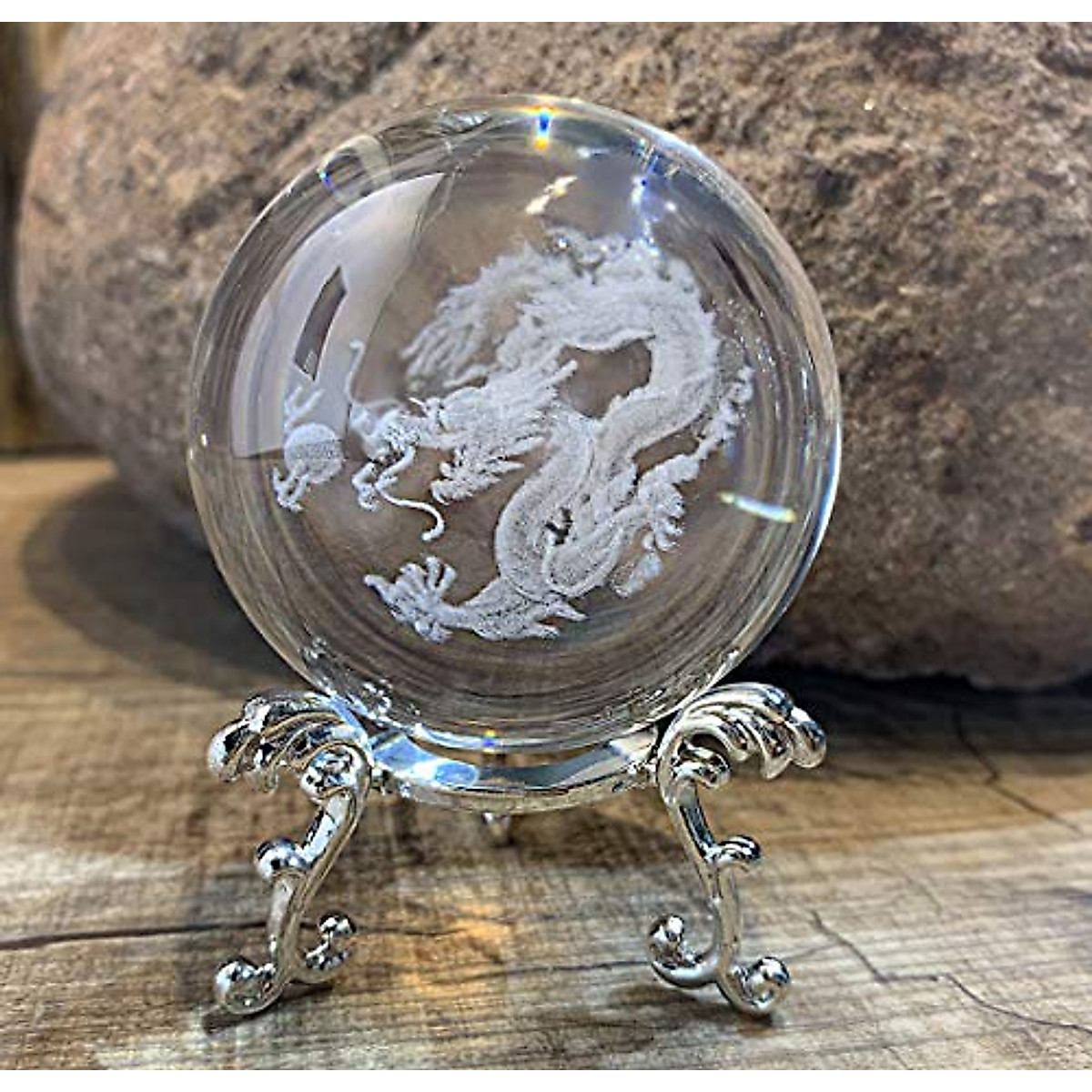 HDCRYSTALGIFTS Crystal 2.4 inch (60mm) Chinese Dragon Crystal Ball with Sliver-Plated Flowering Stand,Fengshui Glass Loong Ball Home Decoration