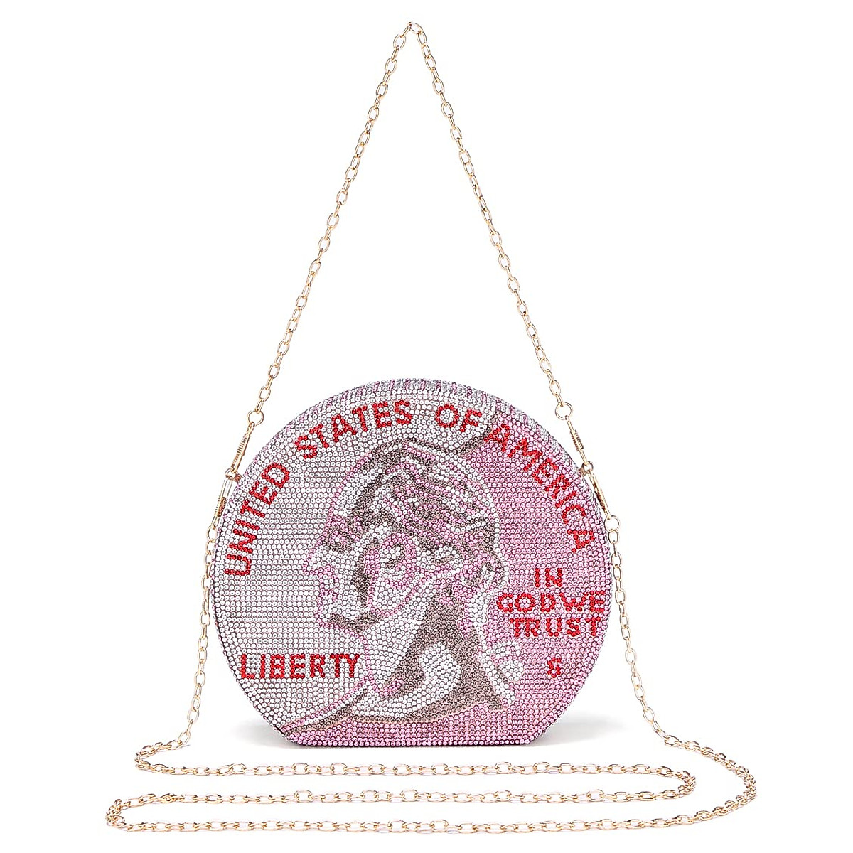 Covelin Women's Dollar Coin Handbag Rhinestone Purse Evening Clutch Bag Pink