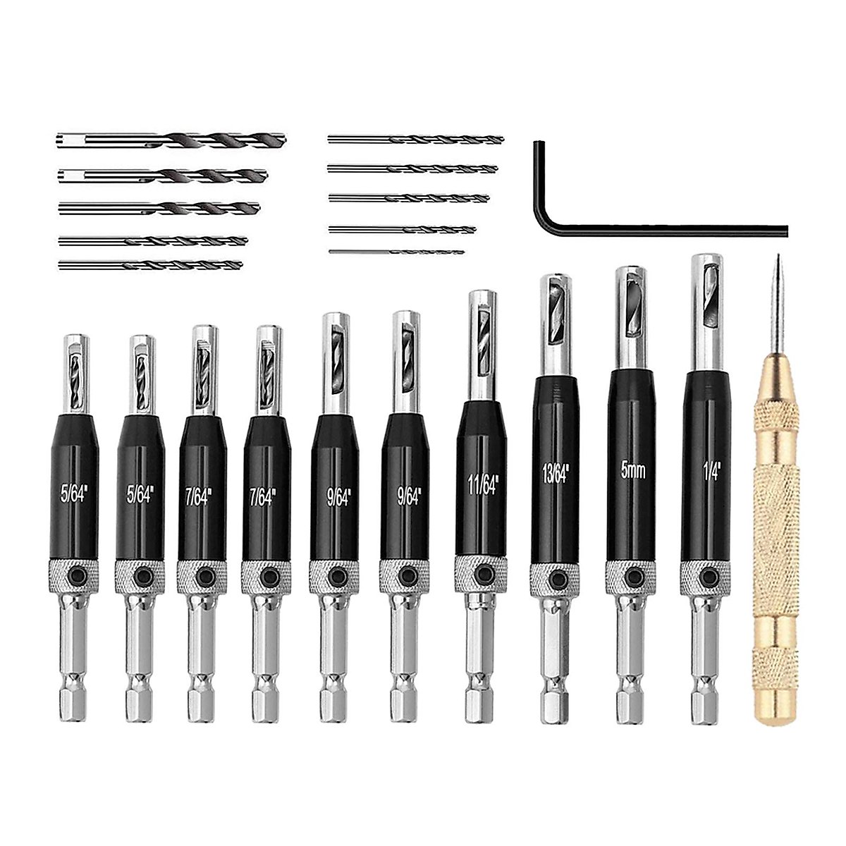 22PCS Self Centering Drill Bit Set, Door Window Cabinet Hinge Hardware Drill Bits, 10 Tapper Core Hole Puncher with 10 Replacement Drill Bits & Hex Key & Center Punch