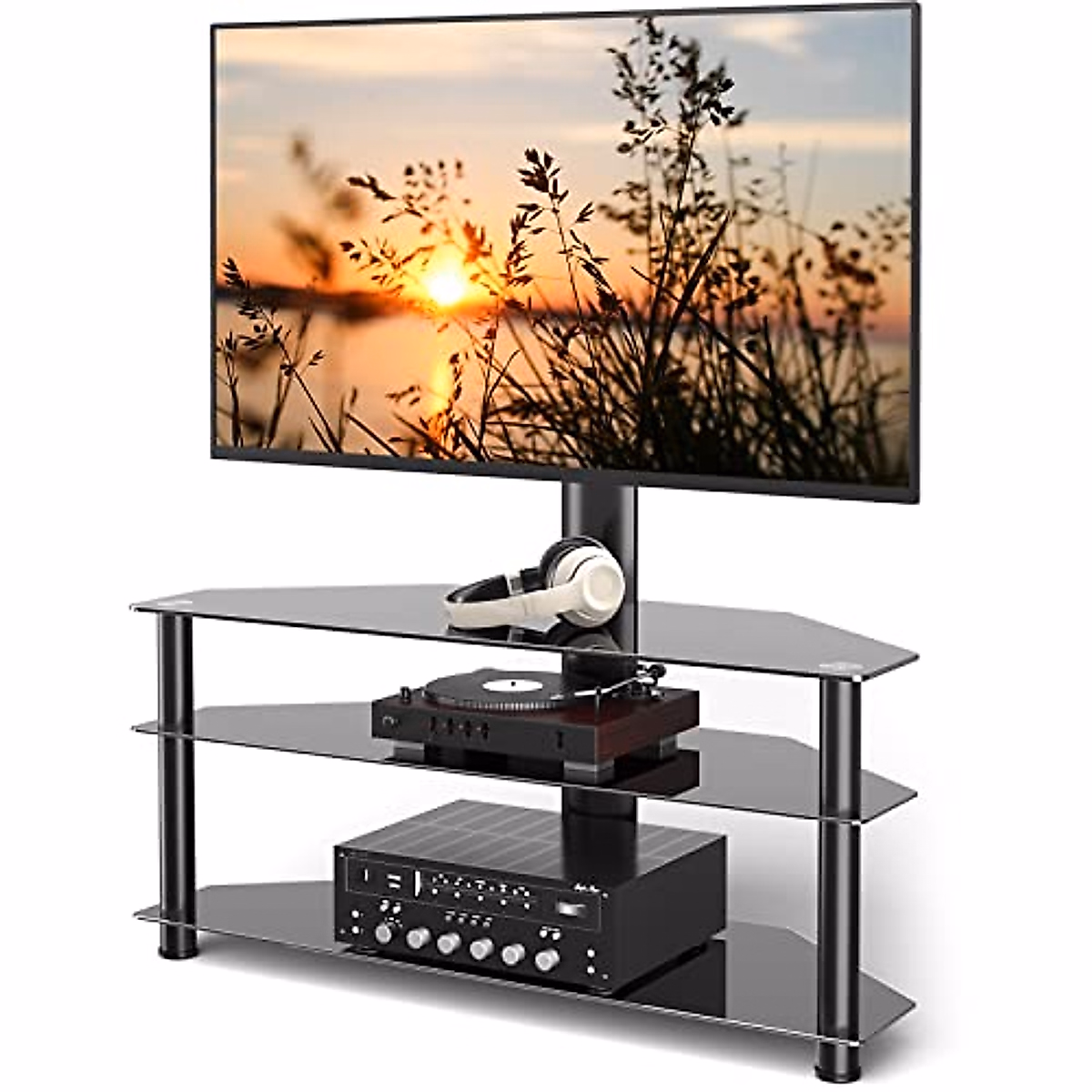 5Rcom Corner TV Stand，TV Stand with Mount with 3 Tier Tempered Glass Shelves for 32-75 Inch TVs, Max VESA 600X400mm, Television Stand