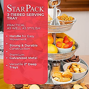 StarPack Farmhouse Style Three Tier Serving Tray - Rustic Kitchen 3 Tiered Tray with 3 Tier Metal Stand - Three Tiered Tray for Deserts & Party Bites - Sturdy & Stylish 3 Tier Serving Stand