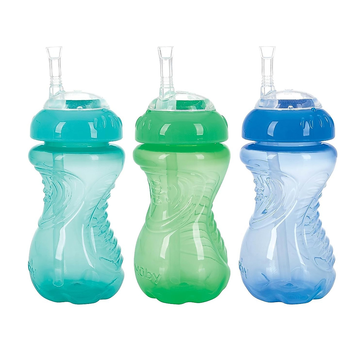 NUBY 3 Pack No Spill Flex Straw Toddler Sippy Cups - Toddler Cups Spill Proof with Easy and Firm Grip - BPA Free Toddlers Cups - Green, Blue, Aqua