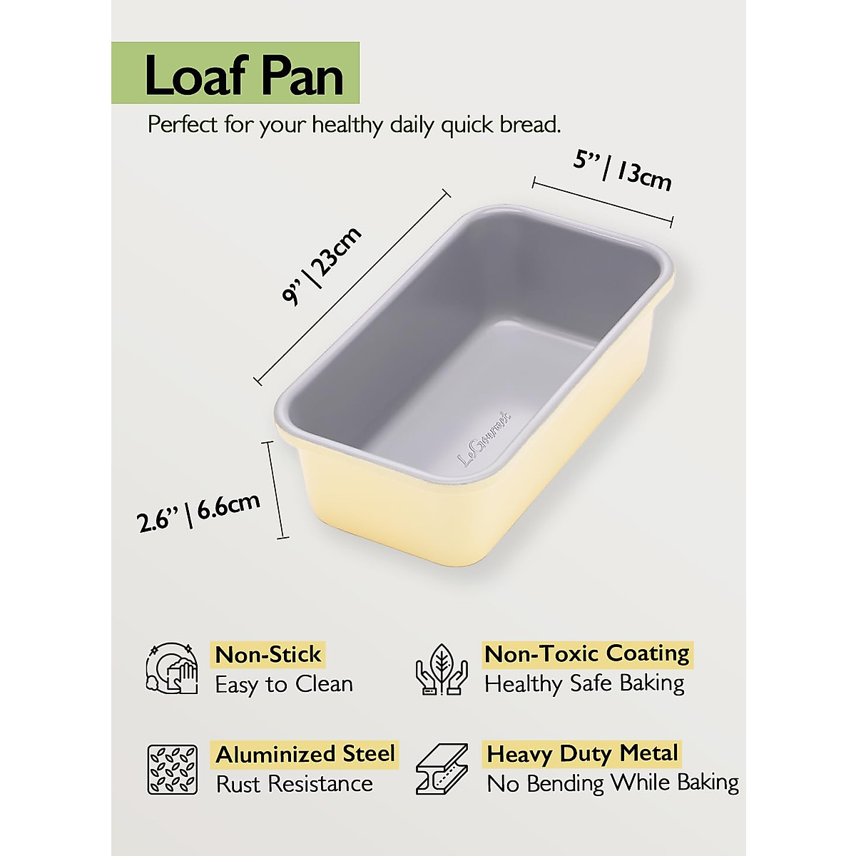 LeGourmet Nonstick Bread Loaf Pan 9 X 5 Inch, Ceramic Coating, Non-Toxic, Rust Resistant Aluminized Steel, Perfect 1 lb Baking Dish for Meatloaf, Pound Cake & Brownie (Butter)