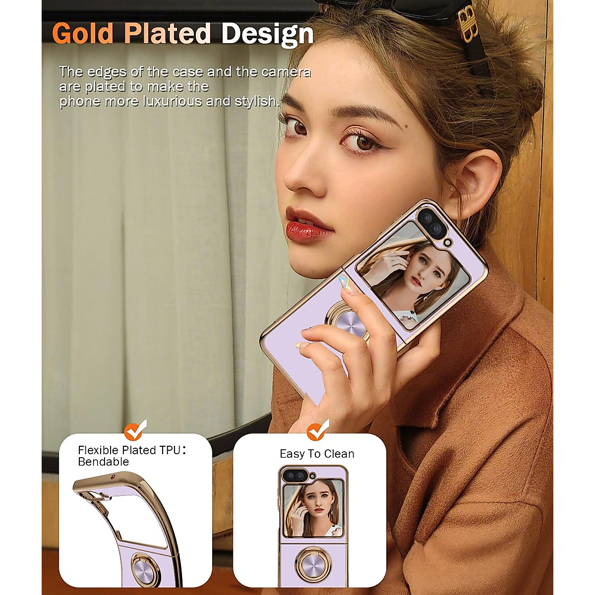 Jasmeas for Galaxy Z Flip 5 Case for Women Girl, Luxury Soft Back Cover with Ring Holder Plating Rose Gold Edge 360° Kickstand Slim Flexible Phone Case for Samsung Galaxy Z Flip5 (2023), Purple