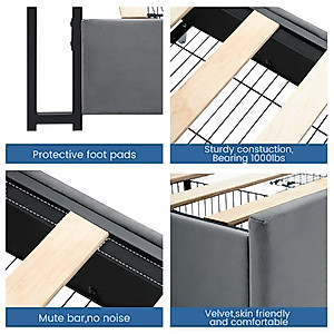 Amyove Queen Bed Frame with 4 Storage Drawers and Charging Station, Grey Queen Upholstered Bed Frame with Storage Headboard, No Box Spring Needed, Noise-Free Easy Assembly (Queen)