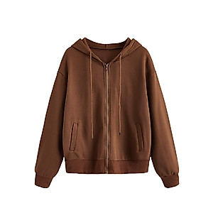 WDIRARA Women's Zip Front Drawstring Hoodie Pullover Long Sleeve Casual Sweatshirt Top Brown L