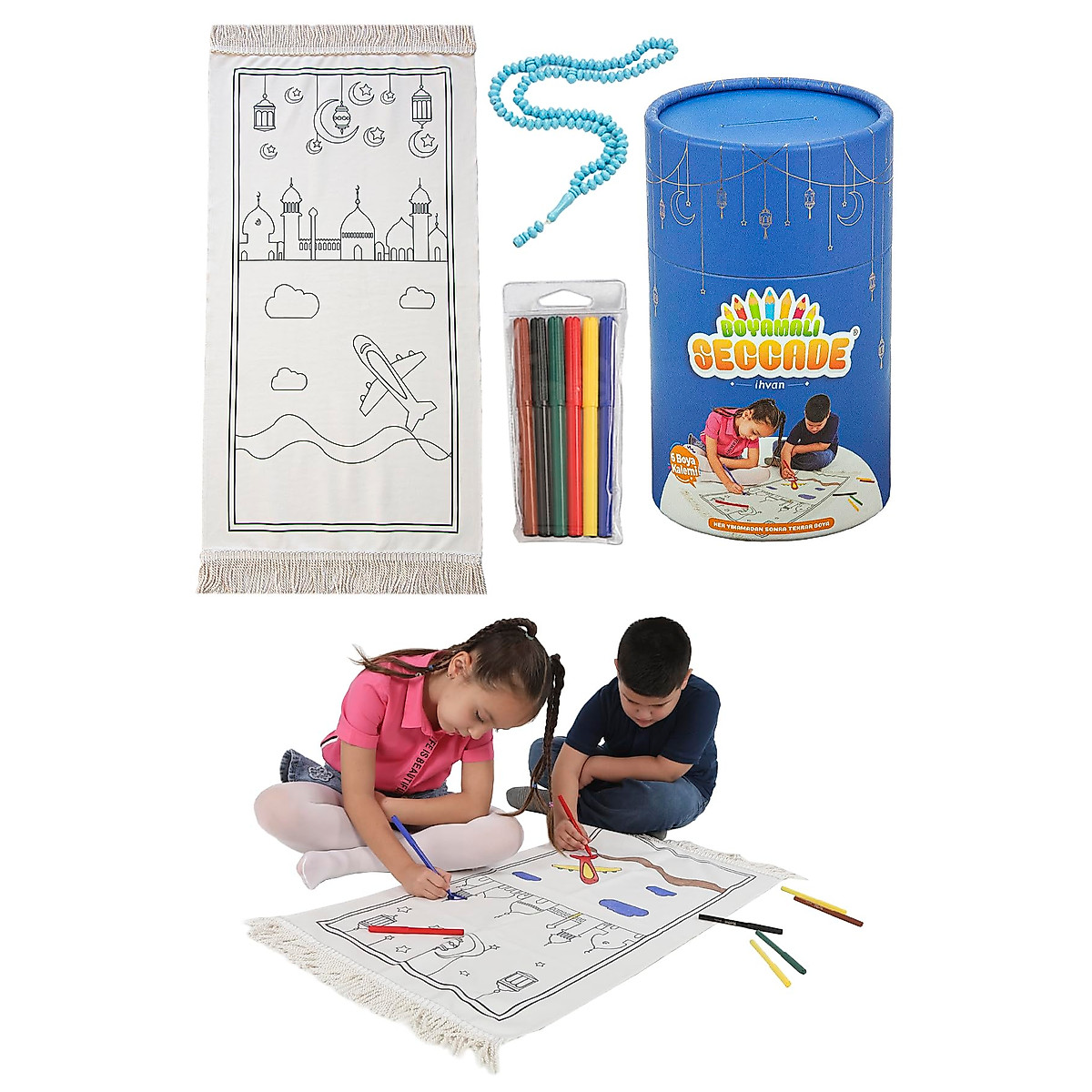 ihvan online, Kids Prayer Mat, Washable Painted Prayer Rug for Kids, Colourful Marker, Muslim Prayer Mala Beads, Soft Salah Travel Mat Carpet, Perfect Islamic Gifts for Kids, Blue