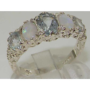 LetsBuyGold 14k White Gold Real Genuine Aquamarine and Opal Womens Promise Ring - Size 9