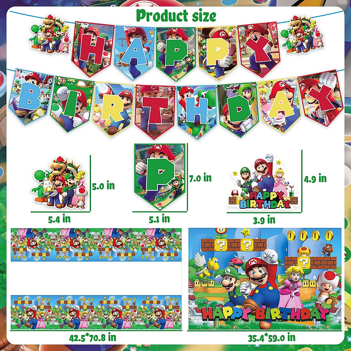 Mario Birthday Party Supplies, Mario Bros Party Decorations Include Banner, Hanging Swirls, Backdrop, Tableware, Cake Toppers, Bottle Labels, Chocolate Stickers