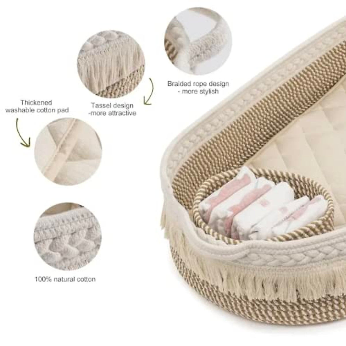 Baby Changing Basket, Cotton Rope Moses Basket, Diaper Changer, Handwoven, Boho Nursery Décor, Changing Nursery/Dresser/Table Topper, Baby Bassinet Station with Soft Pad