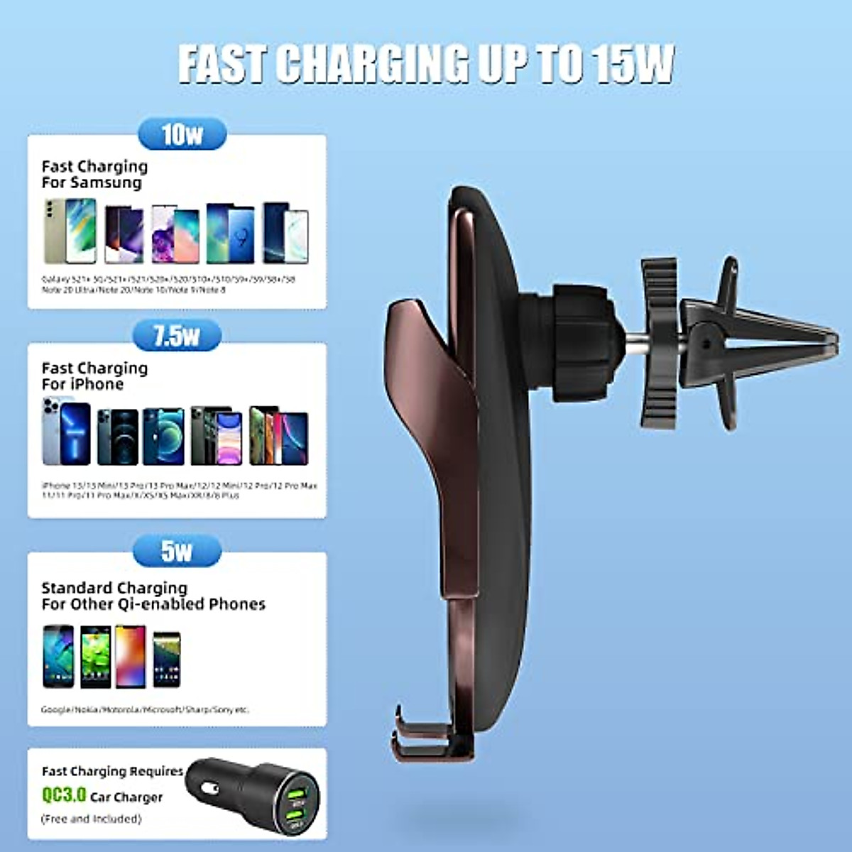 GTIMLMC Wireless Car Charger Vent Mount Qi 15W Fast Charging 360° Rotating Auto Clamping Phone Holder Suitable for iPhone 13/12/11/ Pro/Max/X/XS/XR/8/8P Samsung S22/S21 +/S20/S10/S9/S8/Note 20/10/9/8