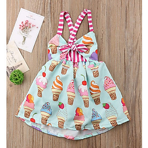 YOUNGER TREE Toddler Baby Girls Summer Skirt Ice Cream Print Sleeveless Strap Backless Dress (Green, 3-4 T)