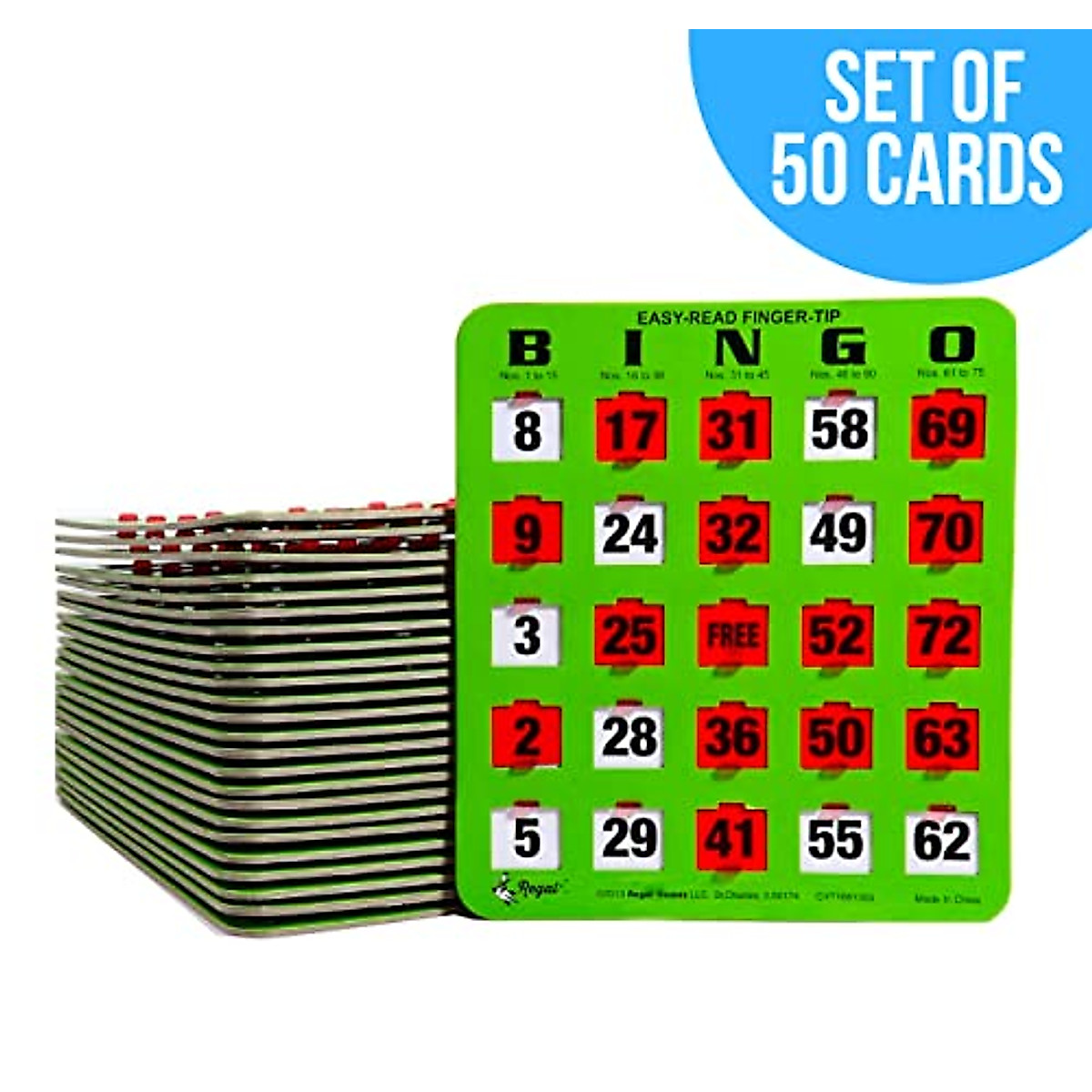 Regal Games - Shutter Slide Bingo Cards Only - 8” x 9” - 5-Ply Green Cardstock - Easy to Read - No Duplicates - Red Sliding Windows - 50-Pack - Perfect for Large Groups, Bulk Purchasing