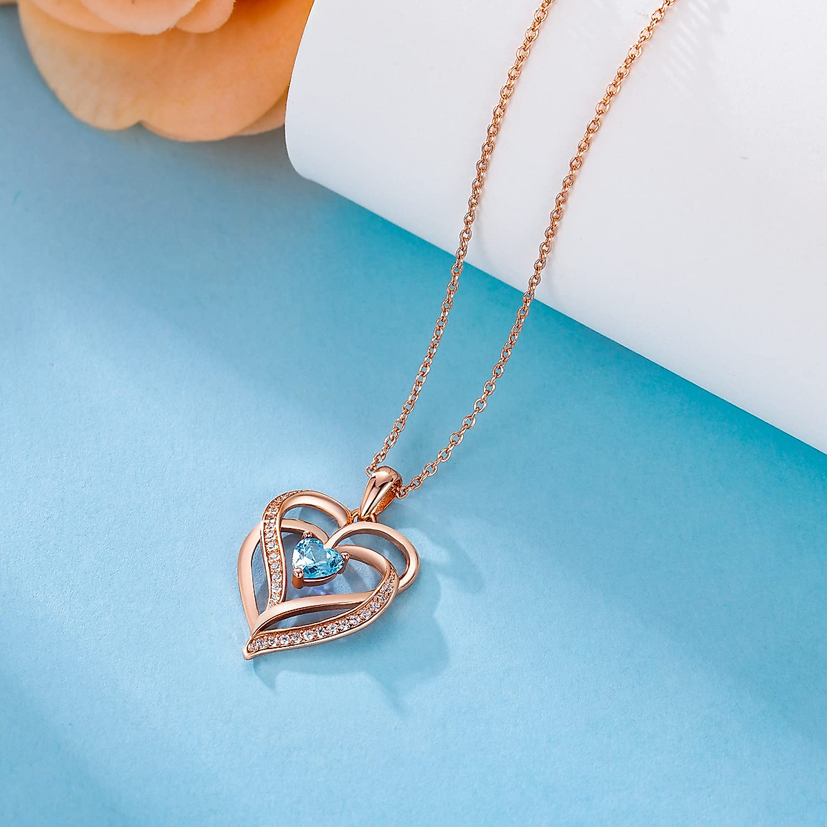 Love Heart Necklace for Women 925 Sterling Silver Gold Plated Birthstone Pendant Necklaces for Women with 5A Cubic Zirconia Valentine‘s Gift Birthday Gift for Mom Women Her (Z-Rose Gold-03-Mar)