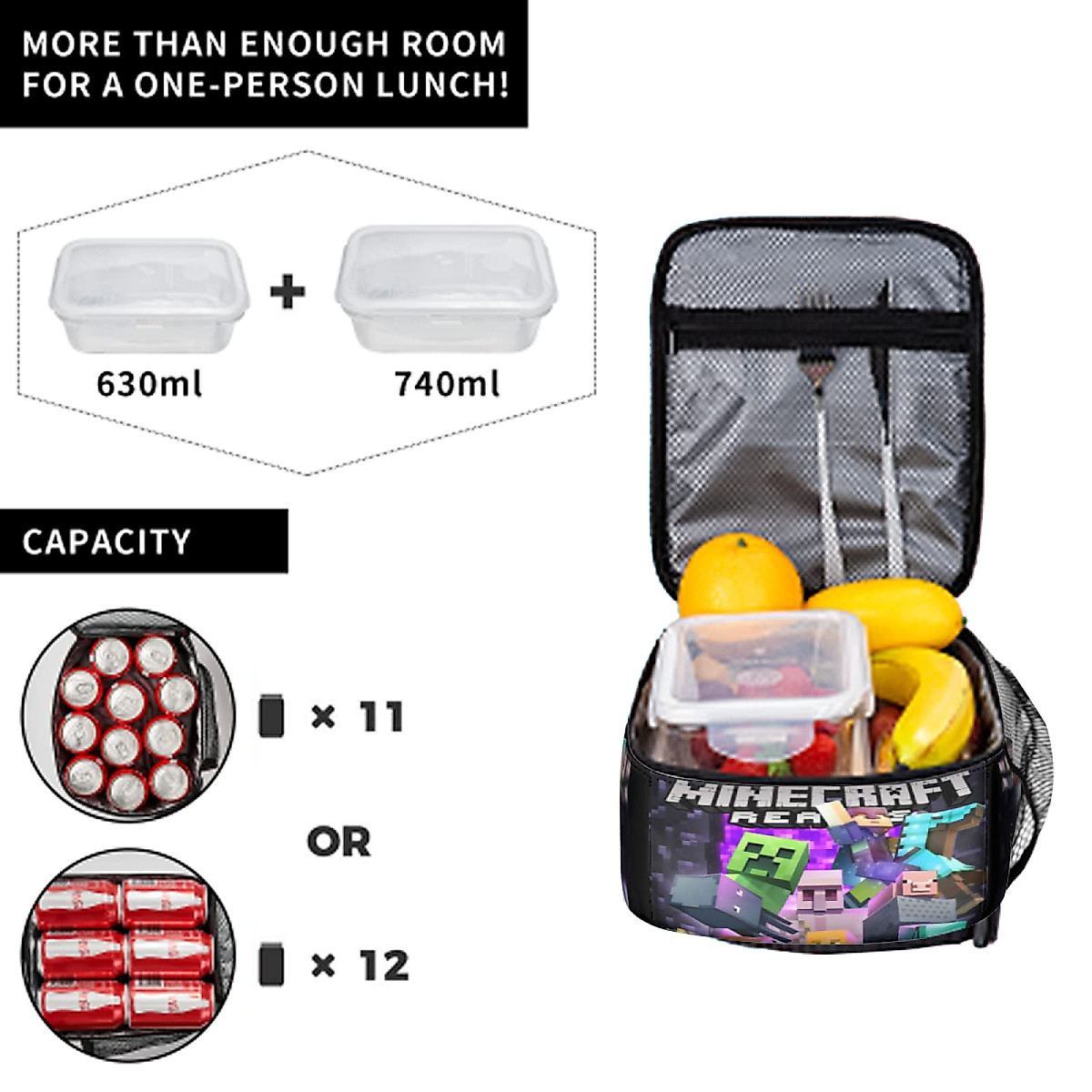 Anime Lunch Box,insulated Soft Lunch Bag for Men Women,Reusable Lunch Tote Bag Gifts with Water Bottle Holder for Office Work out Travel Picnic-Black