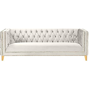 Meridian Furniture 652Cream-S Michelle Collection Modern | Contemporary Sofa with Deep Button Tufting, Nailhead Trim and Sturdy Gold Iron Legs, 90" W x 34" D x 30" H, Cream