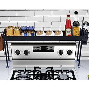 Horynar Over Stove Spice Shelf for Kitchen Spice Rack Organizer with Extra Basket and Hooks Black Spice Rack Shelf Great for Stove Top Shelf