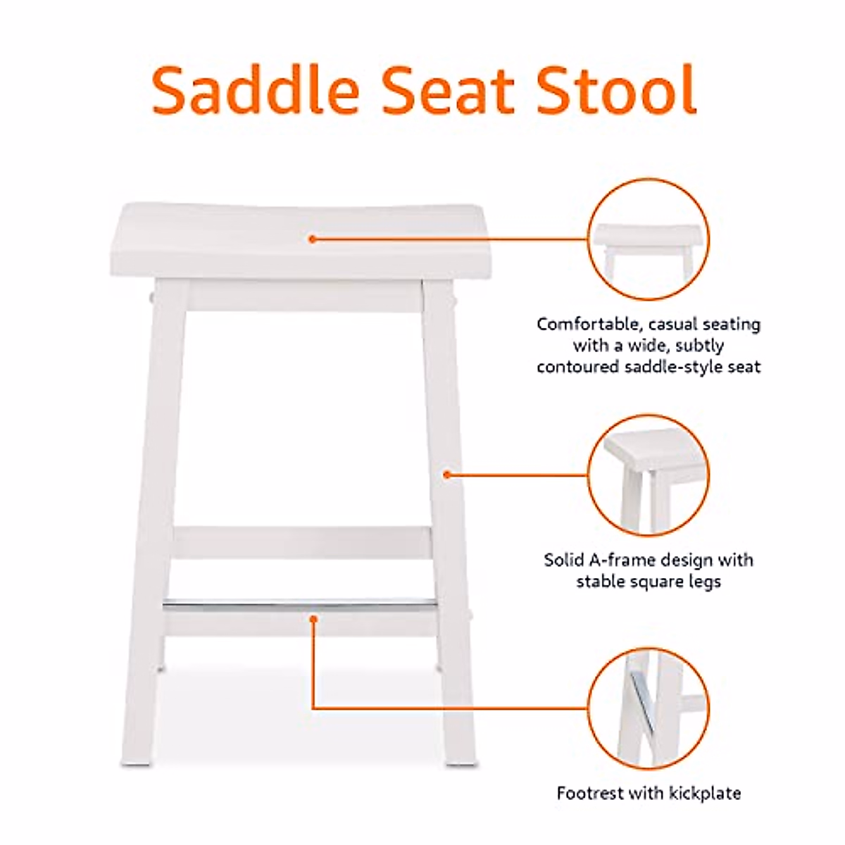 Amazon Basics Solid Wood Saddle-Seat Counter Height Kitchen Island Barstool, 24-Inch Height, White - Set of 2