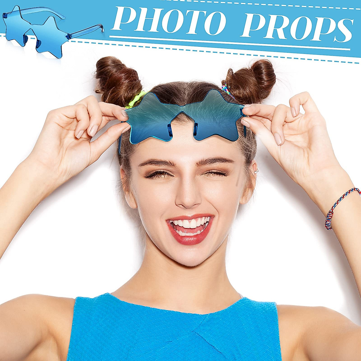 CHENGU 2 Pcs Star Shape Rimless Sunglasses Transparent Candy Color Sunglasses Party Favor star glasses for Women(Blue)