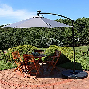 Sunnydaze 10-Foot Cantilever Umbrella with Solar LED Lights - Polyester Shade/Steel Pole - Air Vent and Cross Base - Smoke