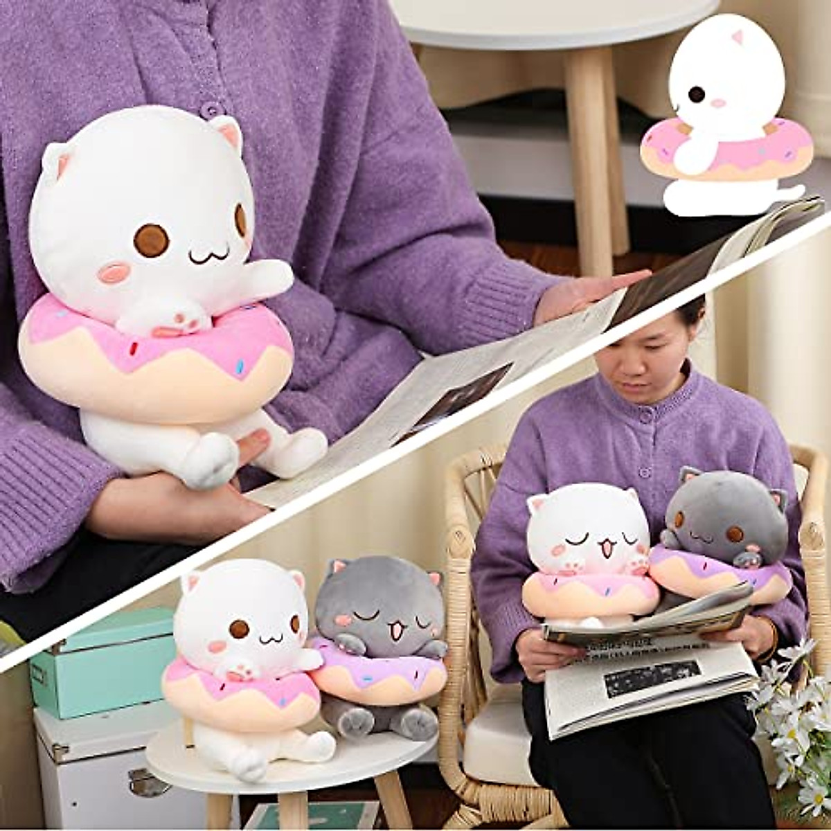 AIXINI Cute Plush Donut Cat Stuffed Animal, Super Soft Kawaii Cat Kitten Plushies for Kids 10inch (White,A)