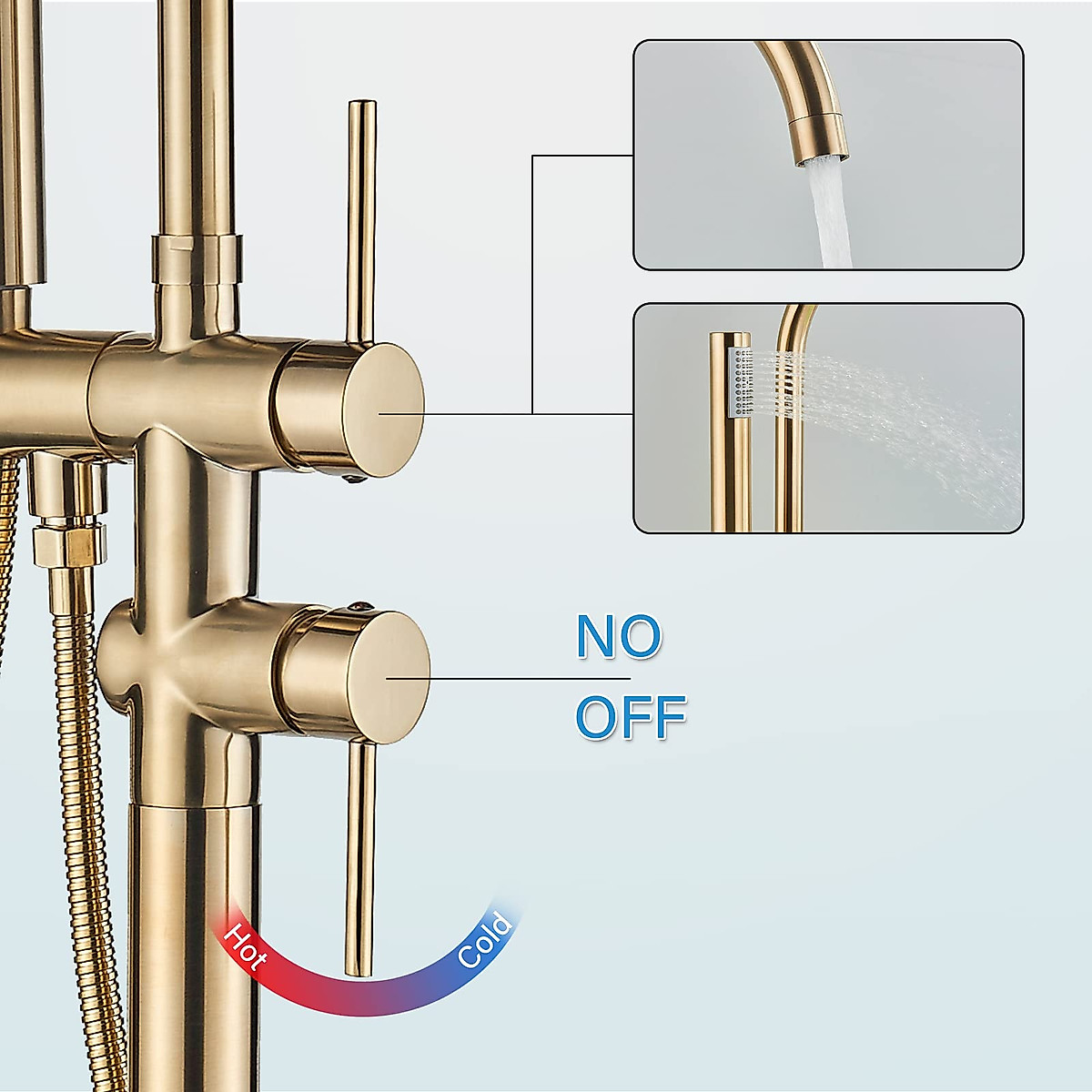 YAGATAP Freestanding Bathtub Faucet Floor Mount Tub Filler Brushed Gold High Flow Shower Faucets with Handheld Shower Mixer Taps Swivel Spout