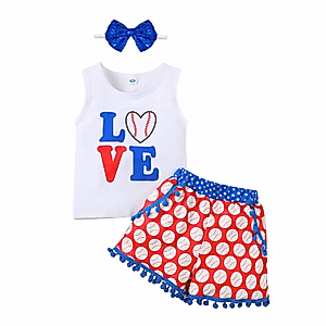 LYSMuch Toddler Baby Girls Shorts Outfits Love Baseball Print Vest T-Shirt Tops Tassel Pants Summer Clothes Set（18-24 Months,Red White Blue