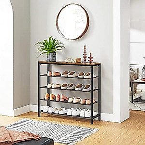 VASAGLE Shoe Rack, 5-Tier Shoe Storage Organizer with 4 Metal Mesh Shelves for 16-20 Pairs and Large Surface for Bags, for Entryway, Hallway, Closet, Industrial, Rustic Brown and Black ULBS15BX