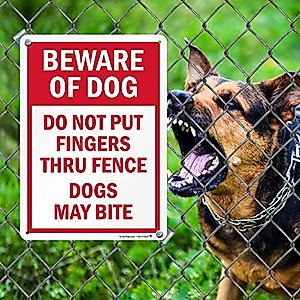 SmartSign 14 x 10 inch “Beware of Dog - Do Not Put Fingers Thru Fence, Dogs May Bite” Metal Sign, 40 mil Laminated Rustproof Aluminum, Red and White