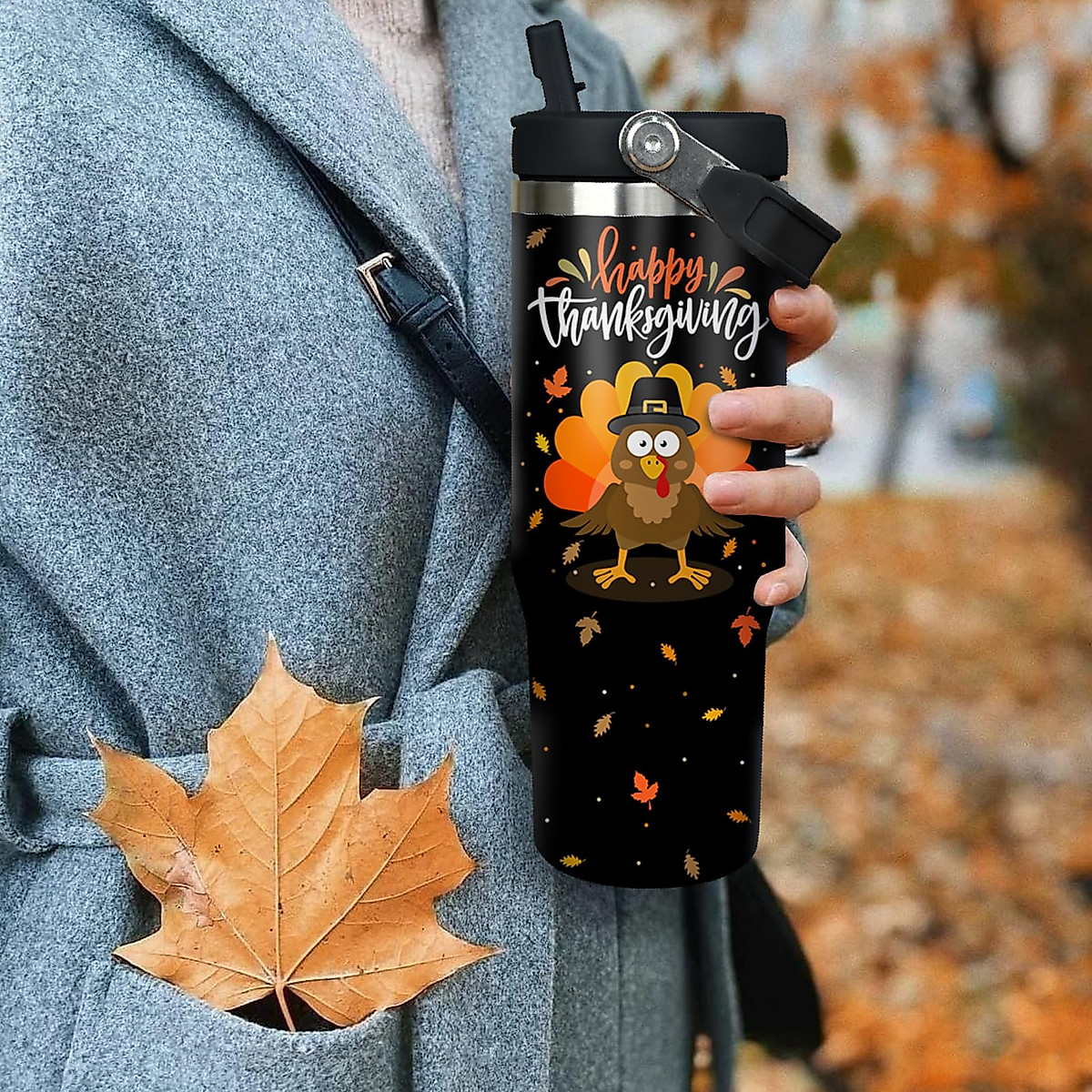 aquoechd 30 oz Fall Tumbler with Lid and Straw, Autumn Leaf and Turkey Flip Straw Tumbler Insulated Coffee Travel Mugs Cup Water Bottle Fall Thanksgiving Gifts for Women Girls