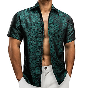 Men's Silk Shirt Paisley Floral Jacquard Short Sleeve Button Down Dress Shirts Formal Casual Wedding Party Deep Green