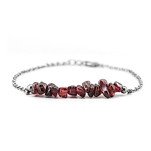 Gempires Natural Red Garnet Chips Bar Bracelet, January Birthstone, Energy Healing Crystals, Gift for Her, Gemstone Jewelry 8 inch Chain (Red Garnet)