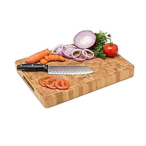 End Grain Wood Bamboo Cutting Board for Kitchen, Commercial Use - Extra Large, Thick Butcher Block with Juice Groove, Handles, and Non-Slip Feet for Chopping Veggies, Carving Meat, Bread and Cheese