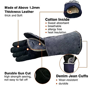 WZQH 16 Inches,932℉,Leather Forge Welding Gloves, Heat/Fire Resistant,Mitts for BBQ,Oven,Grill,Fireplace,Tig,Mig,Baking,Furnace,Stove,Pot Holder,Animal Handling Glove.Black-gray