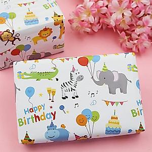 Birthday Wrapping Paper For Kids Girls Boys, Animals Party Design Gift Wrap Paper for Birthday Baby Shower, 4 Sheets Folded Flat 20x28 Inches Per Sheet, Monkey Lion Elephant Giraffe Alligator Zebra