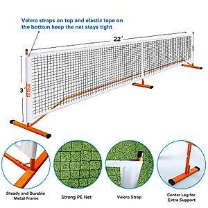 GSE Games & Sports Expert Portable Pickleball Net Set for Driveway with 22FT Regulation Size Net, 4 Paddles, 6 Outdoor Pickleballs, and Carrying Bag, Weather Resistant Metal Frame (Orange)