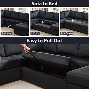 mestyl Convertible Pull Out Sleeper Sofa Bed with Storage Chaise, Oversized U Shaped Sectional Couch Bed with 2 Pillows, Comfy Large L Shaped Pullout Couches Bed for Living Room, Velvet, Black, MT002