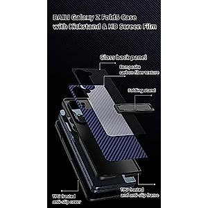 BAILI Galaxy Z Fold5 Case with Kickstand,Carbon Fiber Finish and Glass Back Z Fold5 Cover with HD Screen Film,Support Wireless Charging Shell for Samsung Galaxy Z Fold5-Blue